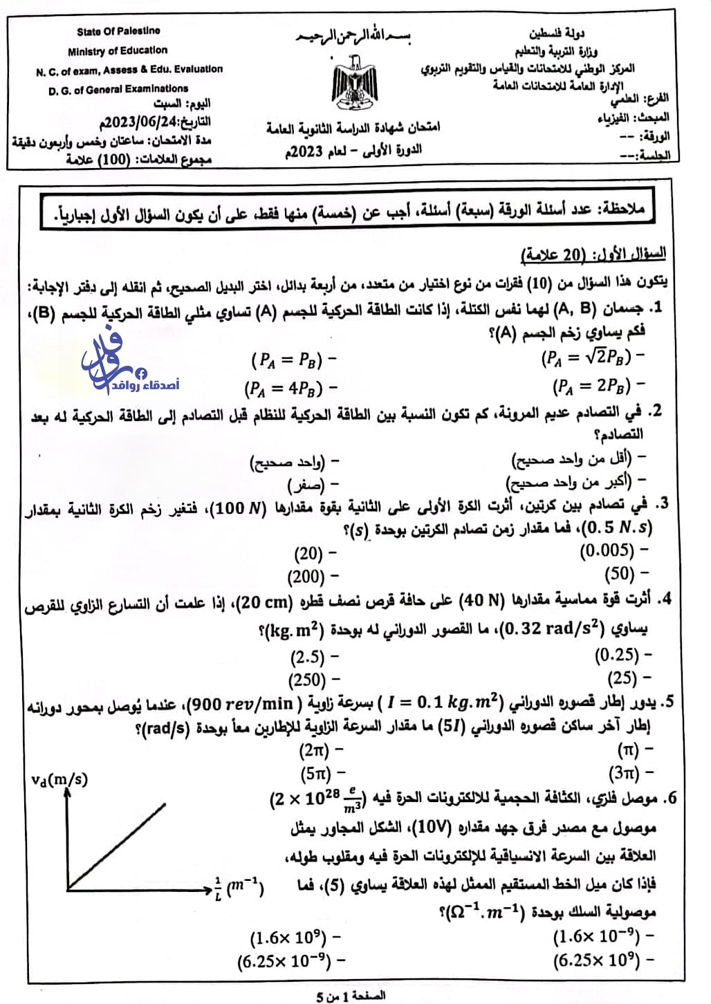 إجابات واسئلة امتحان الفيزياء لطلبة الفرع العلمي الثانوية العامة 2023